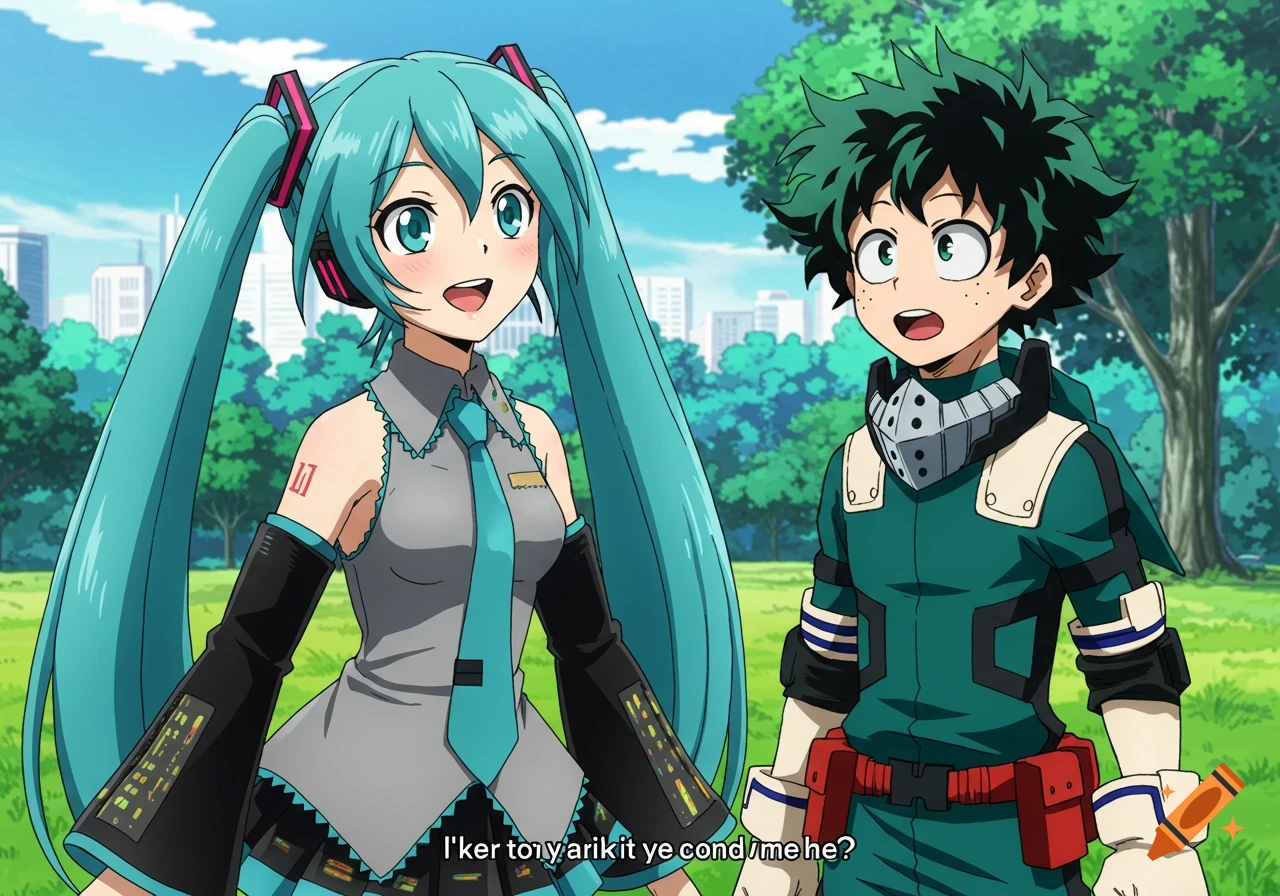 Anime image of Hatsune Miku talking to Izuku Midoriya in a park. on Craiyon