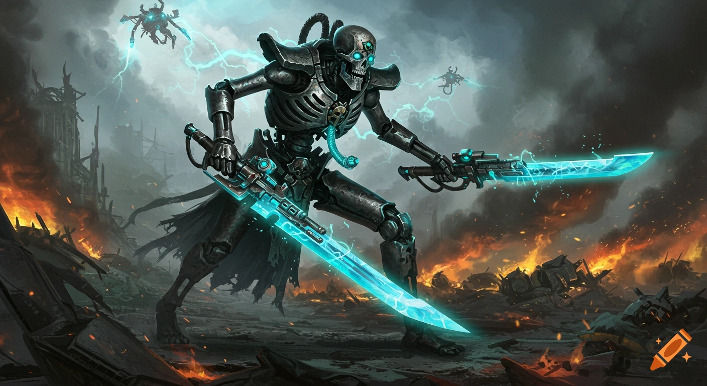 Metal skeleton robot with glowing eyes holds energy weapons in a fiery ...