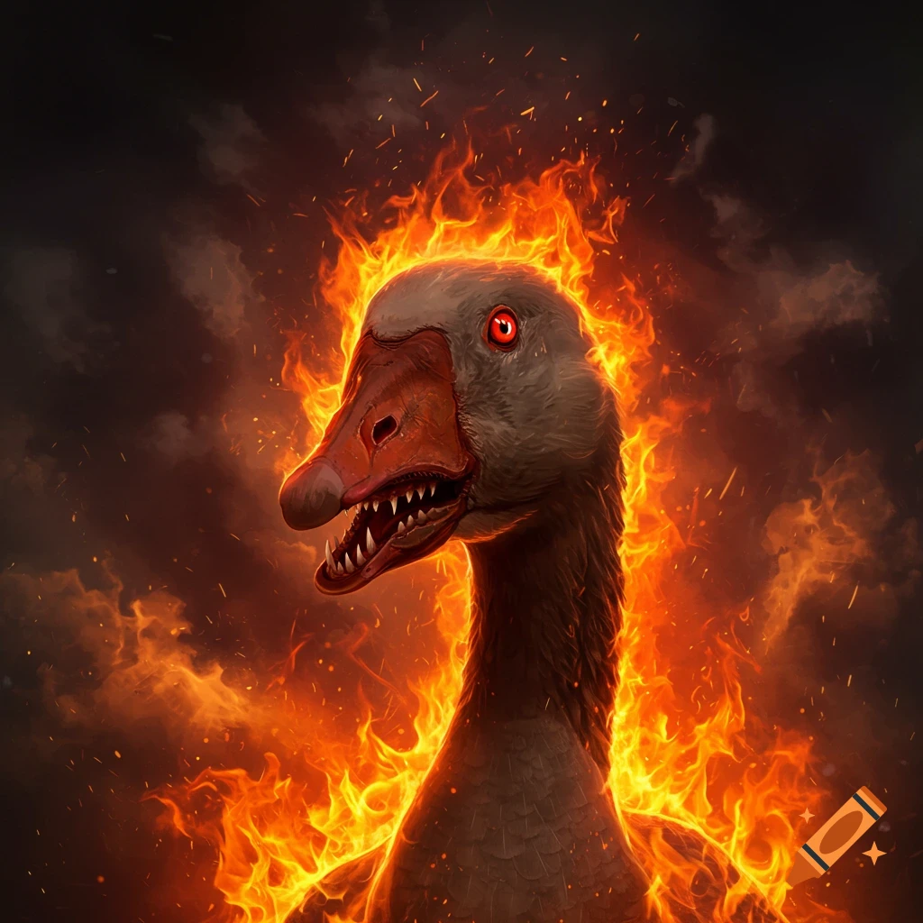 A demon goose with red eyes and sharp teeth, engulfed in bright fire ...