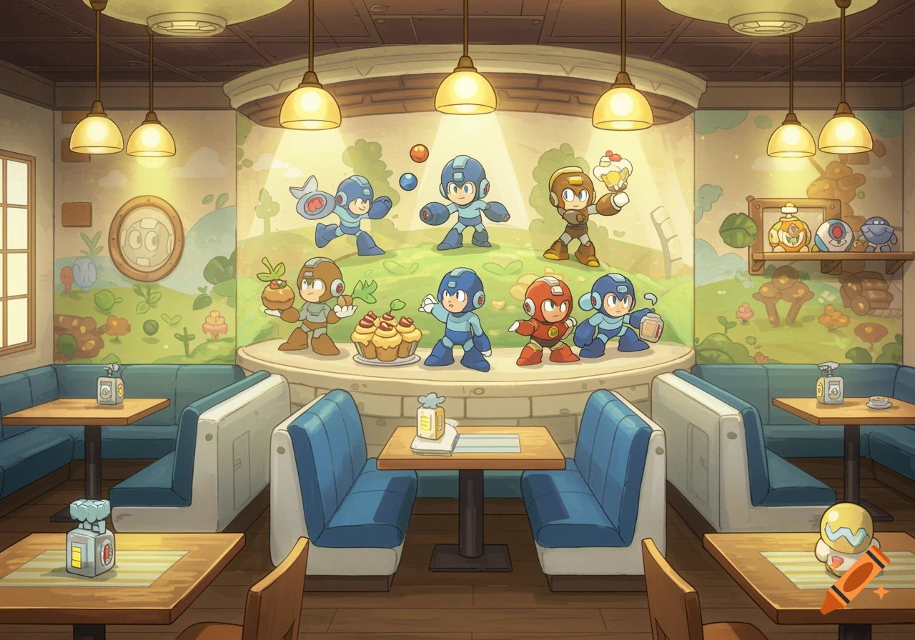 Chibi Mega Man characters in a whimsical Rockman-themed cafe, featuring ...