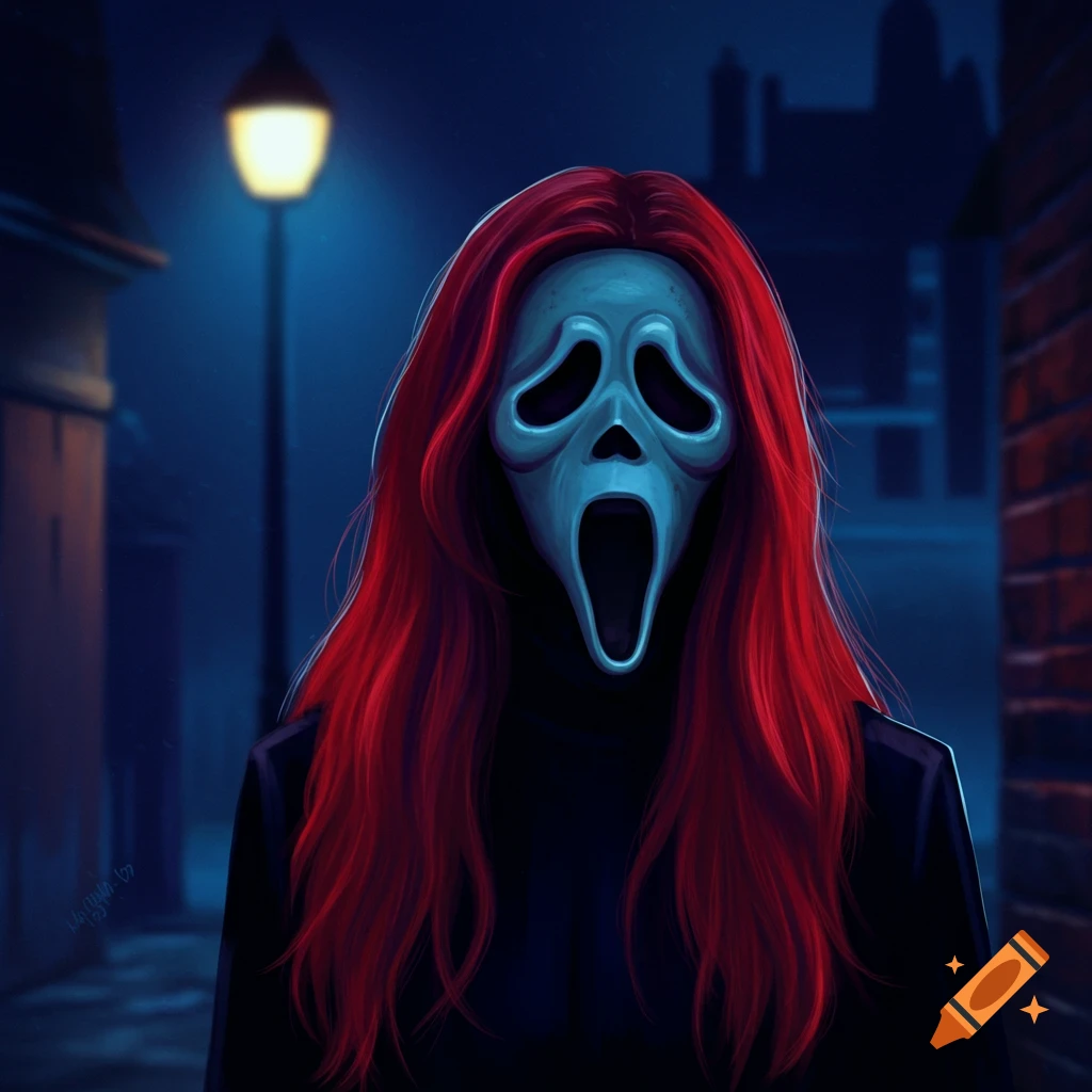 Illustration of a person wearing a Ghostface mask with red hair in a ...