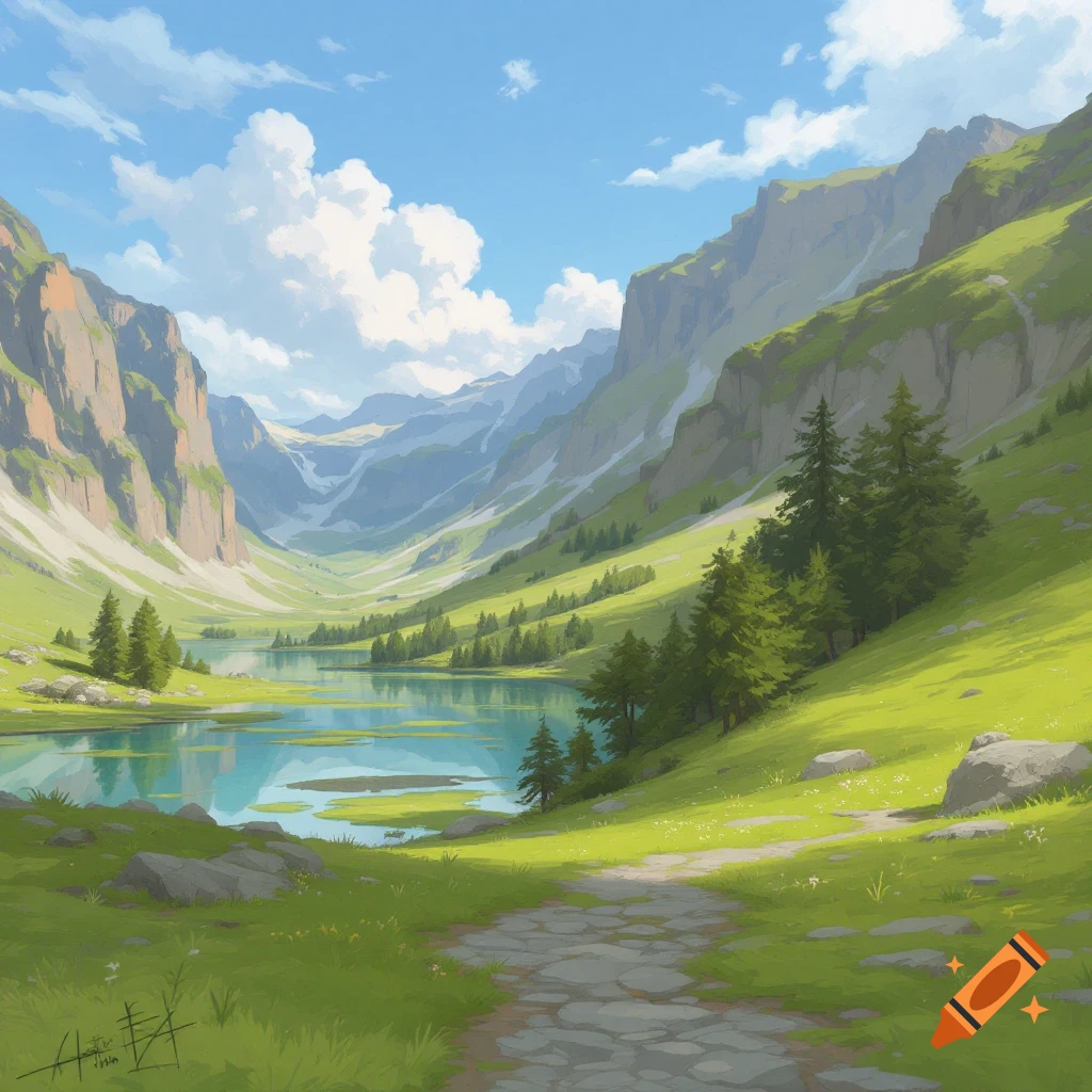 A digital painting of a sunlit mountain valley with a lake, green ...