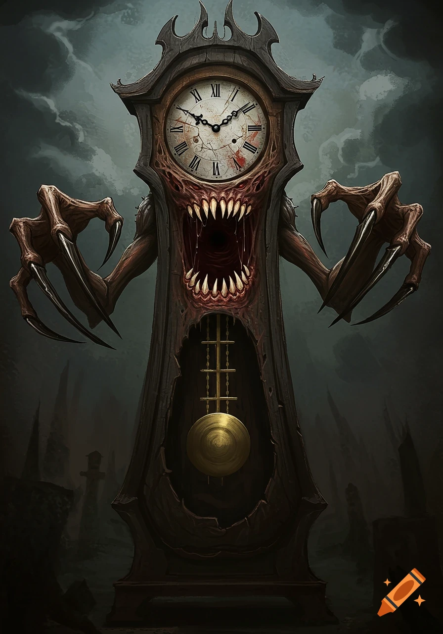 Monstrous grandfather clock with sharp teeth and claws in a dark ...