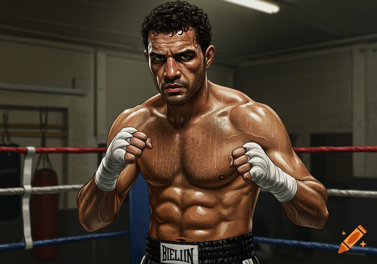 Sweating boxer in a ring wearing hand wraps and shorts, illustration ...