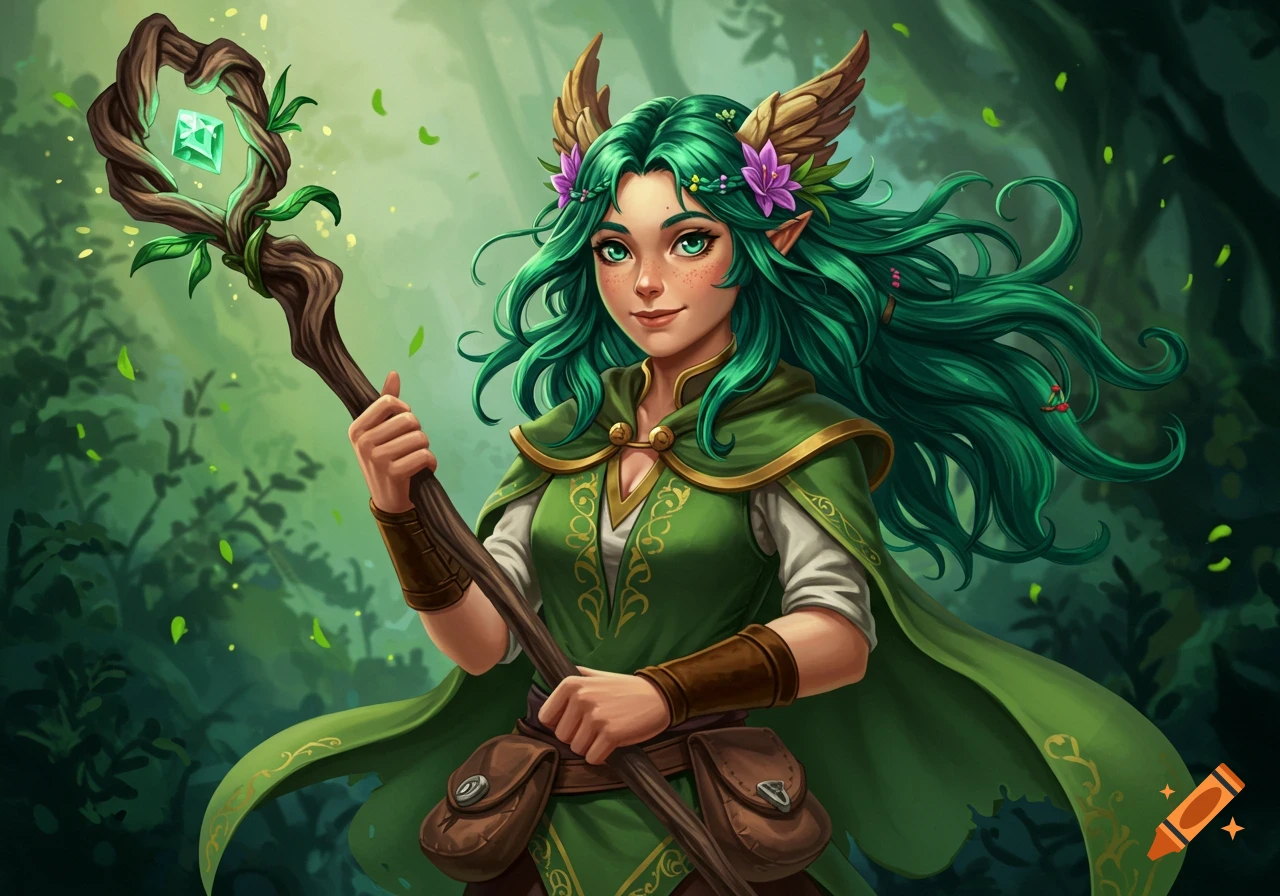 A fantasy character with green hair and pointy ears holds a staff with ...