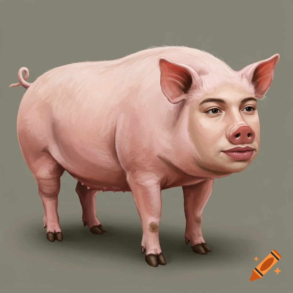 A digital painting of a pig with a human face standing on Craiyon