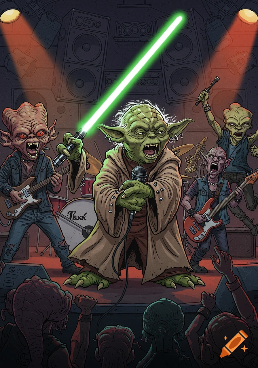 Illustration of Yoda singing on stage with a rock band of aliens on Craiyon