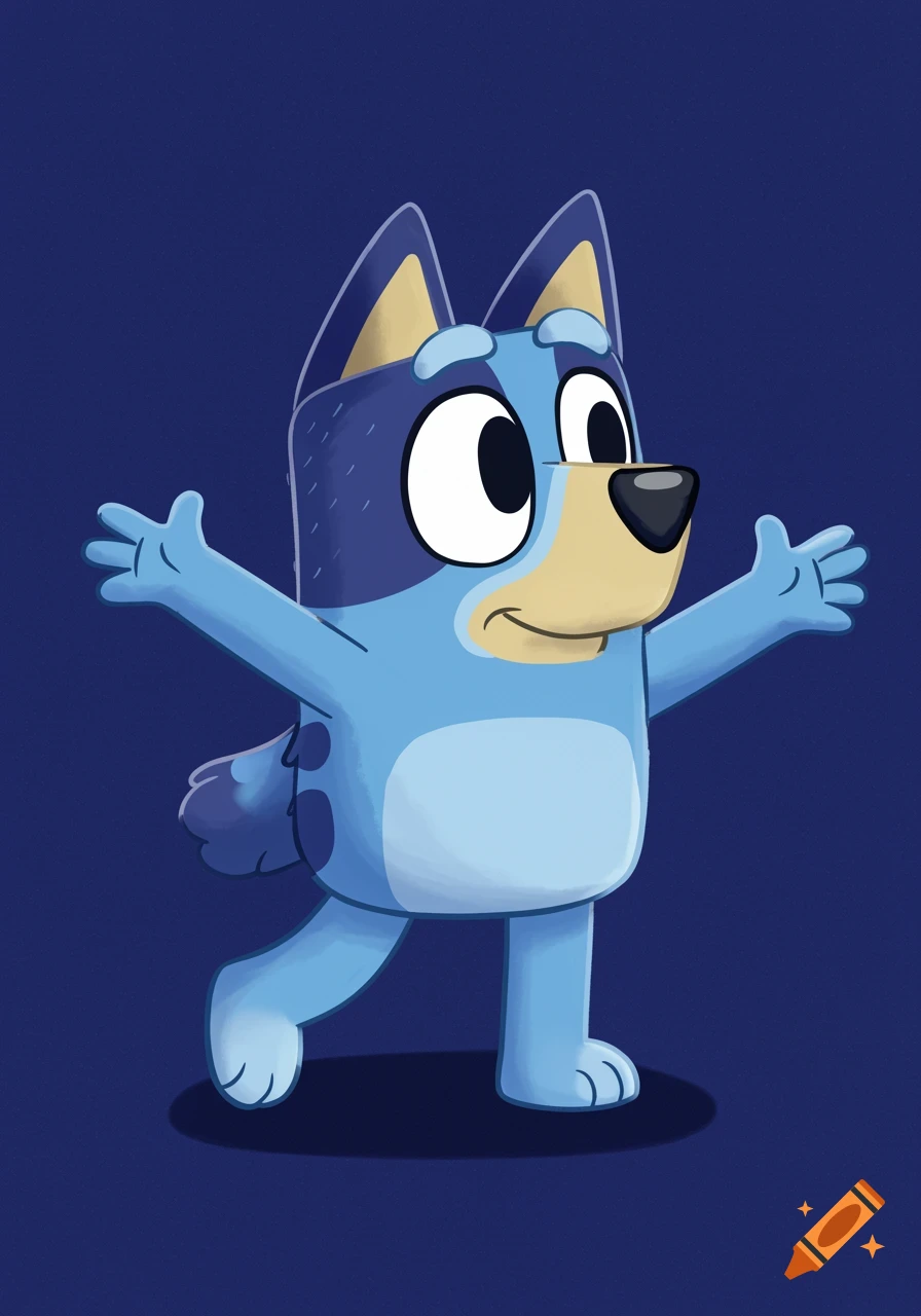 Cartoon drawing of Bluey the dog with arms open on a blue background on ...