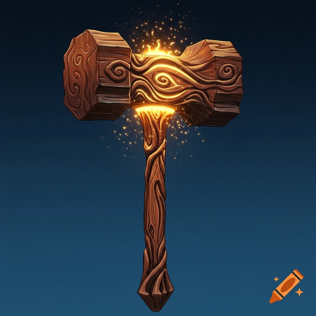 A magical wooden hammer glows with golden light. on Craiyon