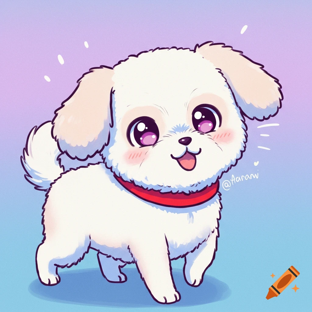 Cute white anime dog with big eyes and a red collar. on Craiyon