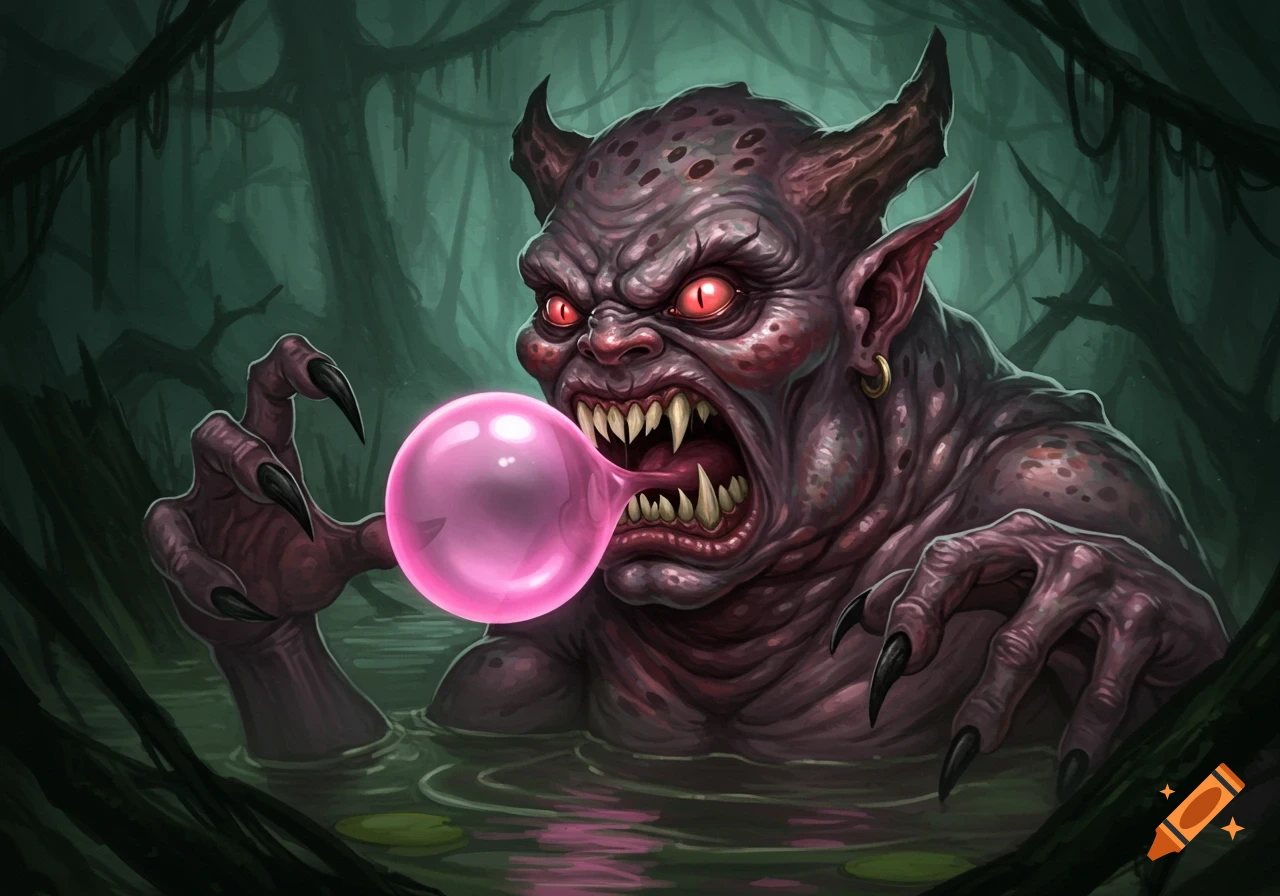 A monstrous creature with horns, red eyes, and sharp teeth blows a pink bubblegum bubble in a ...