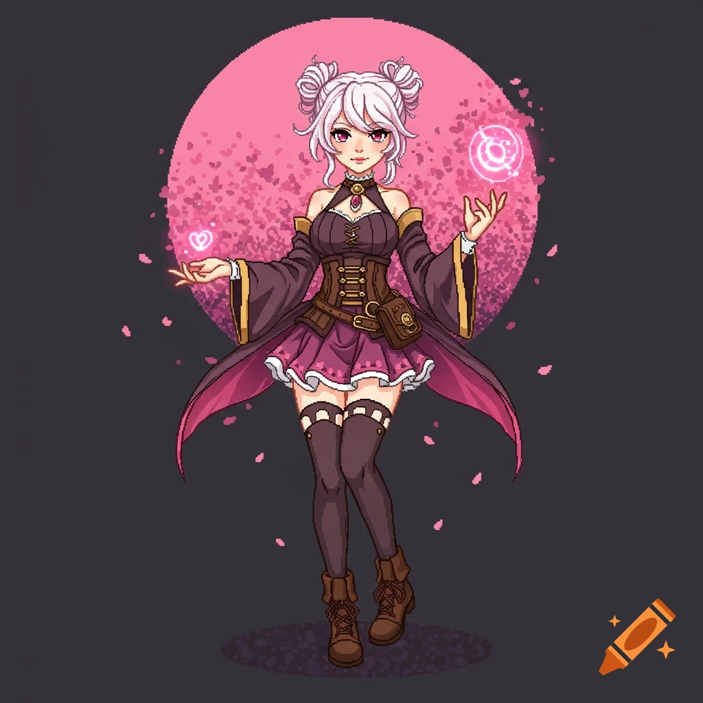 Pixel art anime fantasy mage girl casting spell with cherry blossom ...