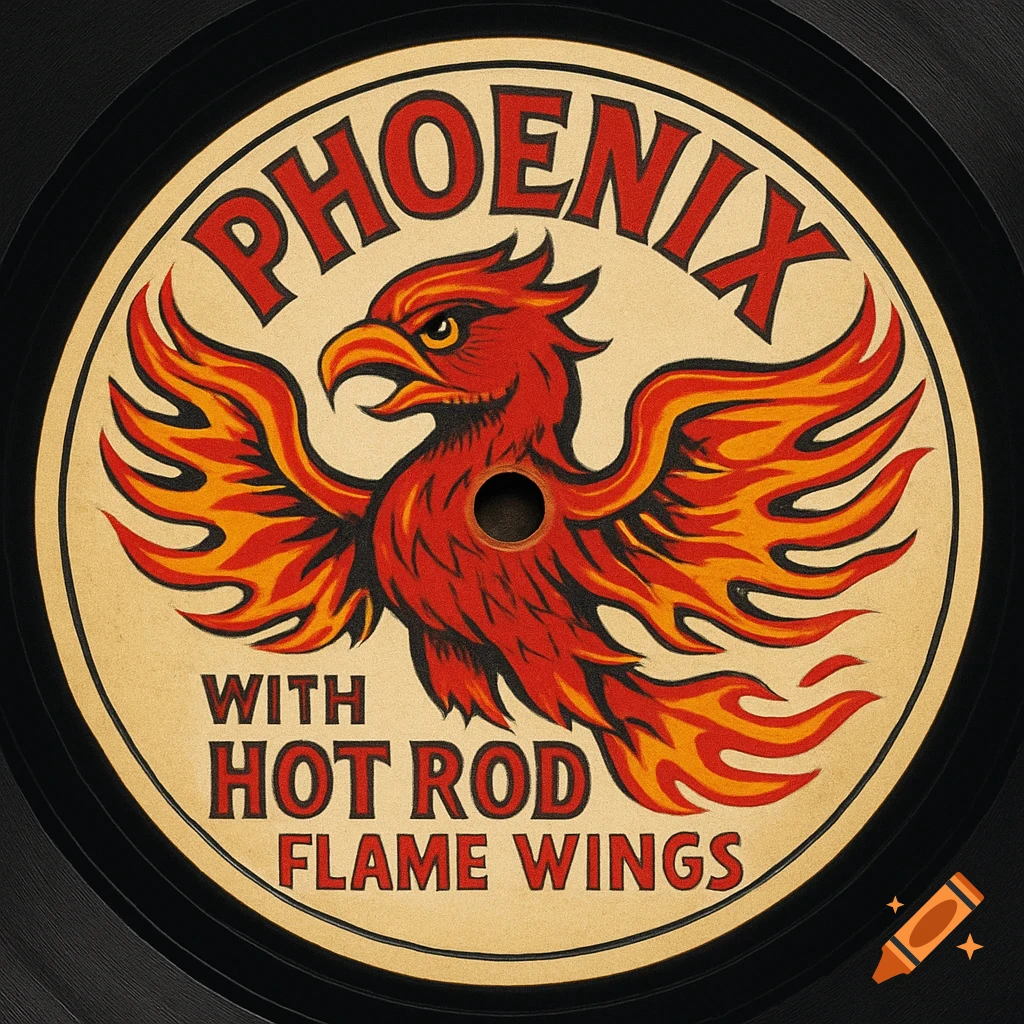 Retro art phoenix on a vinyl record label on Craiyon