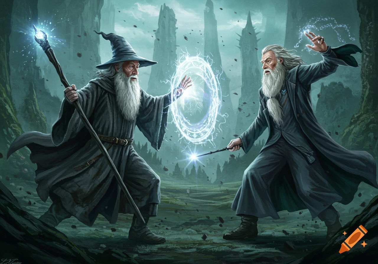 Two fantasy wizards duel, casting glowing magic spells in a landscape ...