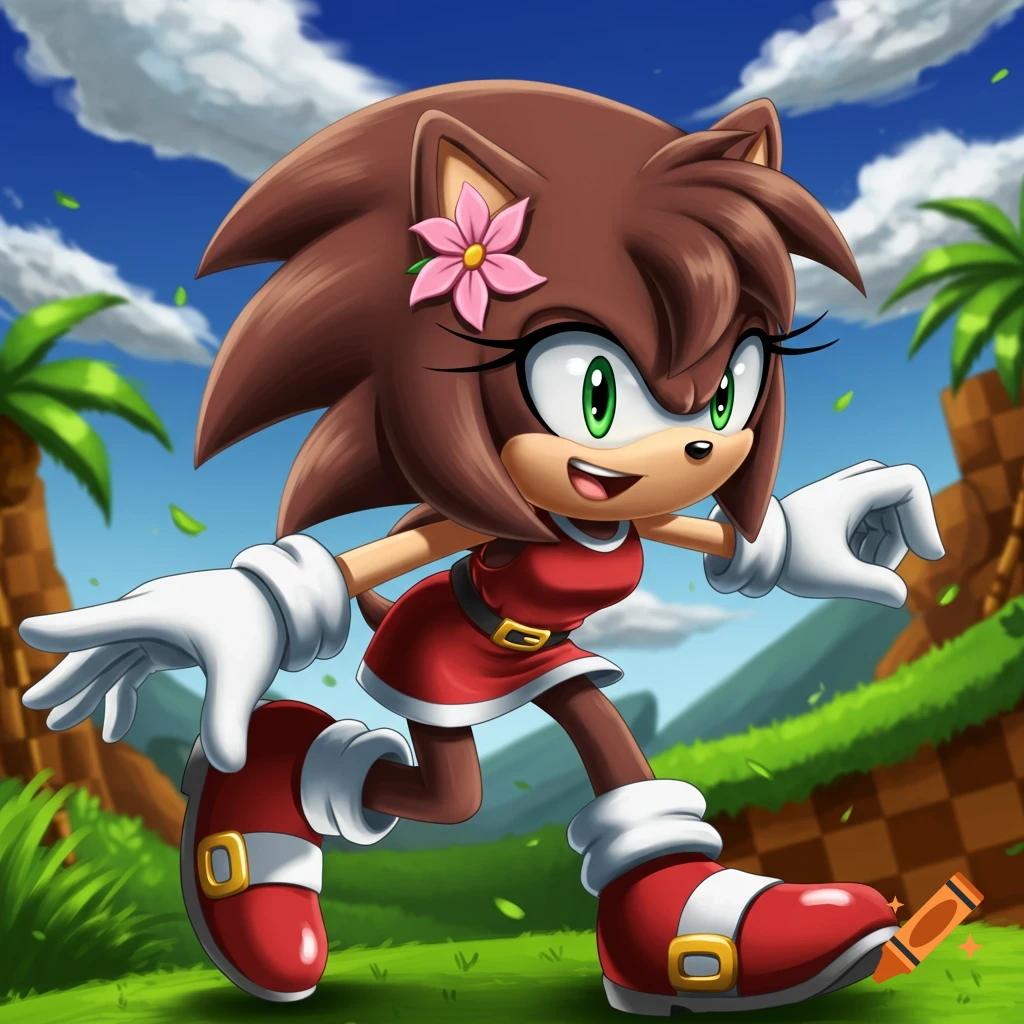 A brown hedgehog cartoon character in a red dress runs through a green ...