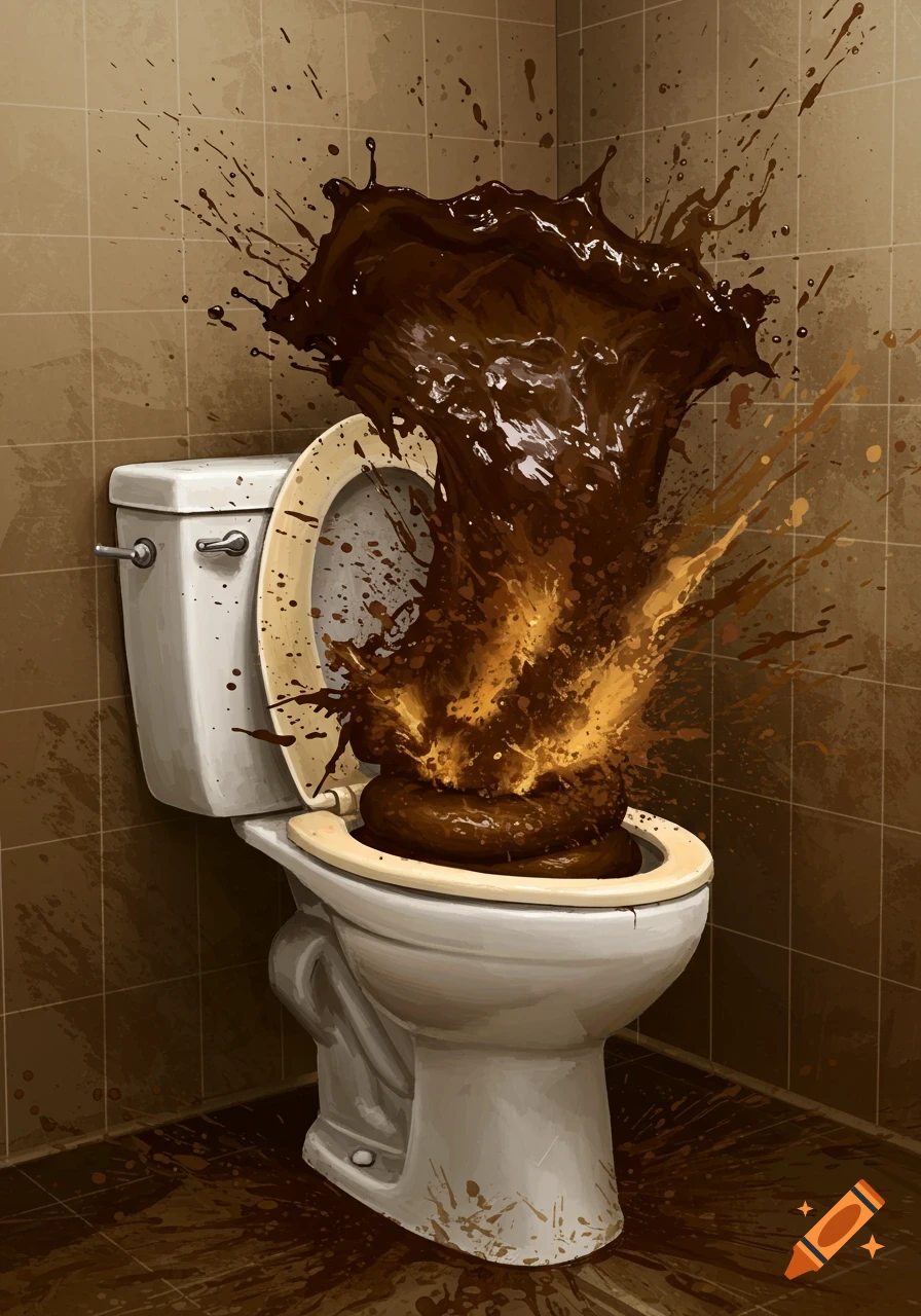 Illustration of a toilet with brown liquid exploding and splashing ...