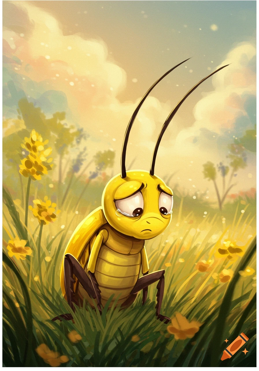 A cartoon yellow cricket with large eyes sits sadly in a field of tall ...
