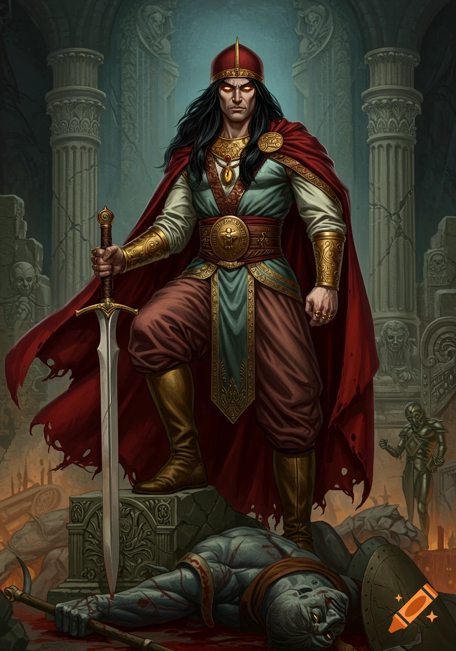 Fantasy warrior standing over a fallen foe in ruins, dark art style. on ...