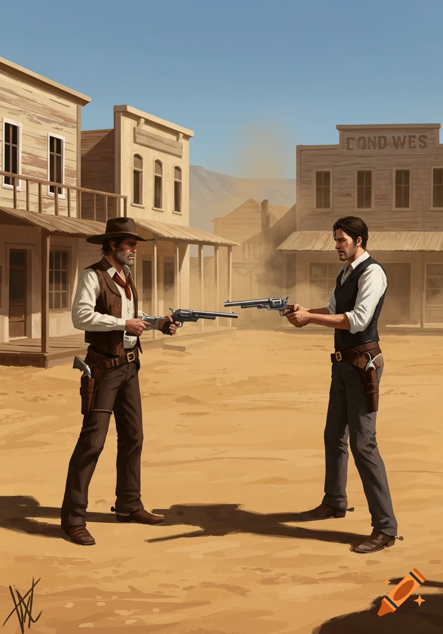 Illustration of two cowboys in a dusty town drawing revolvers for a ...