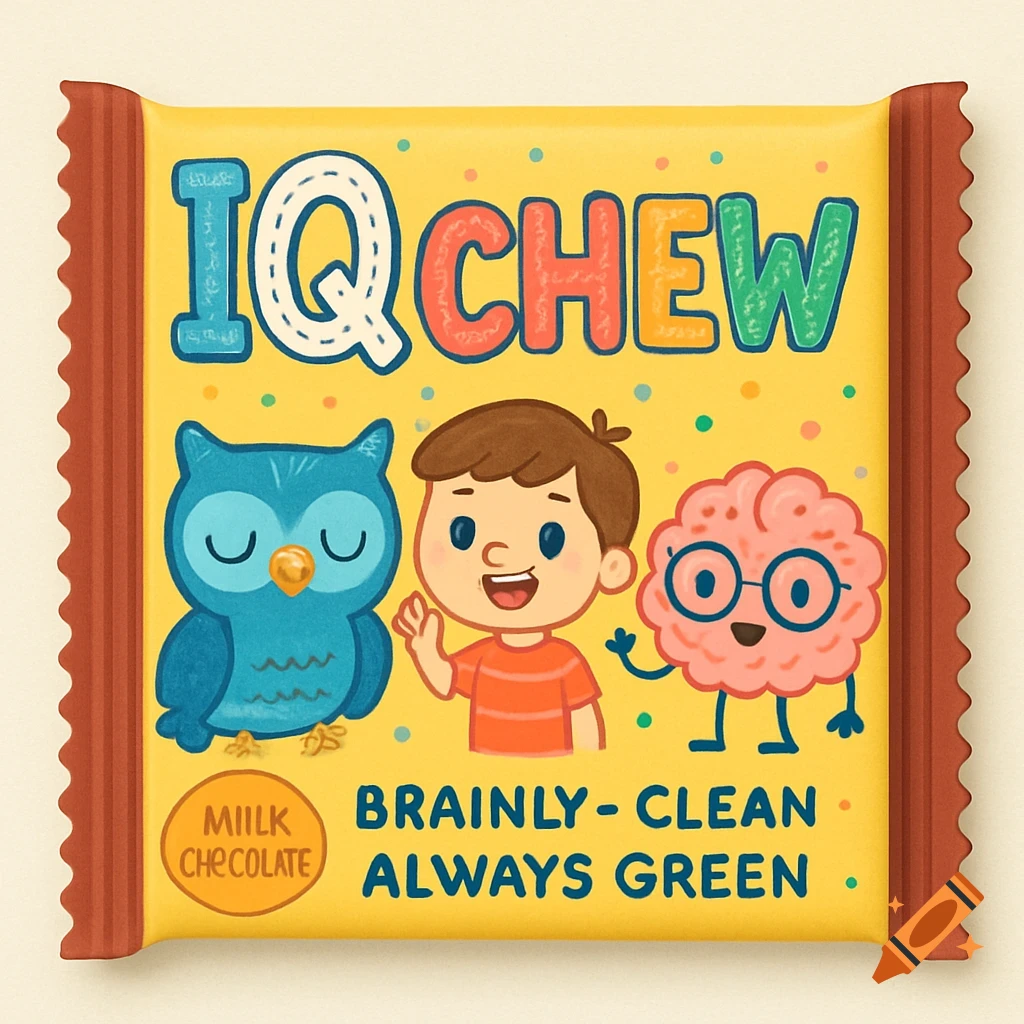 A colorful and cute illustration of a chocolate bar wrapper for 'IQ ...