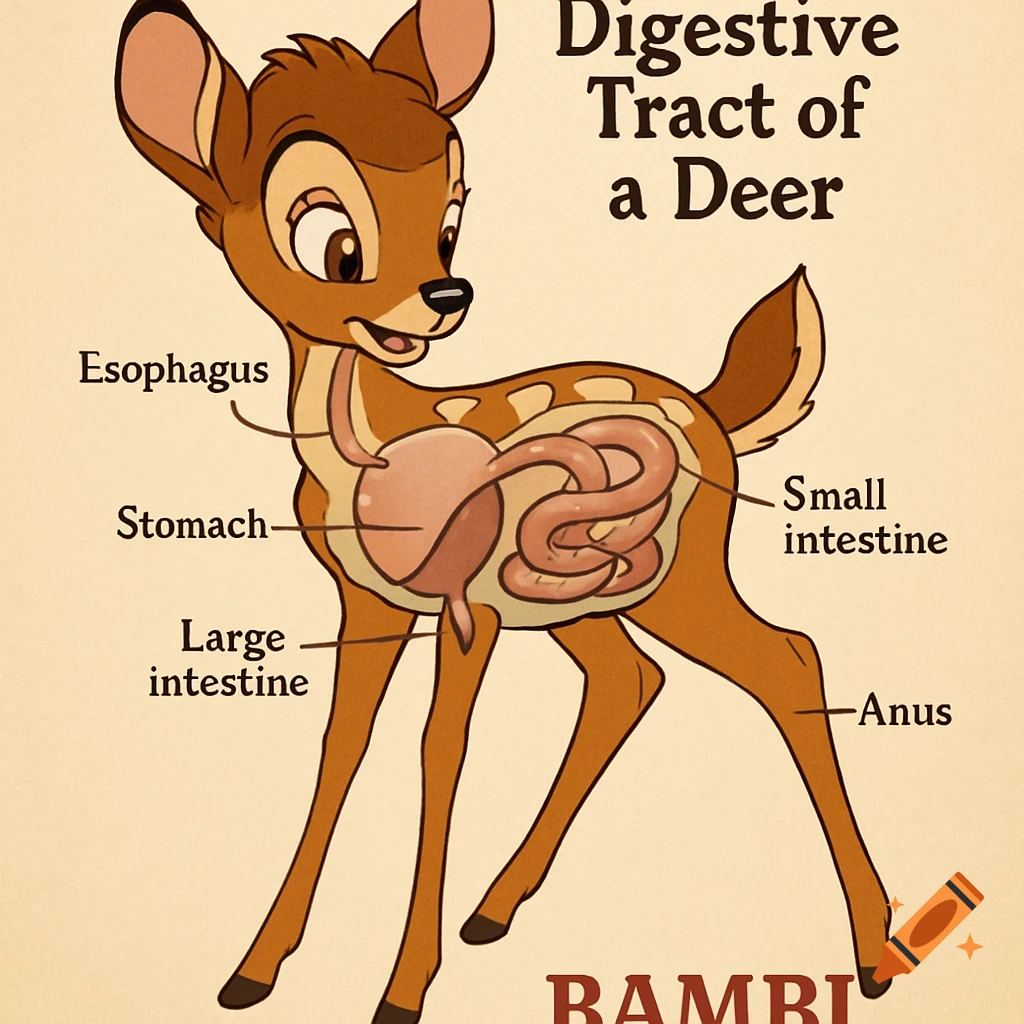 Cartoon diagram in Disney style showing the digestive tract of a deer ...