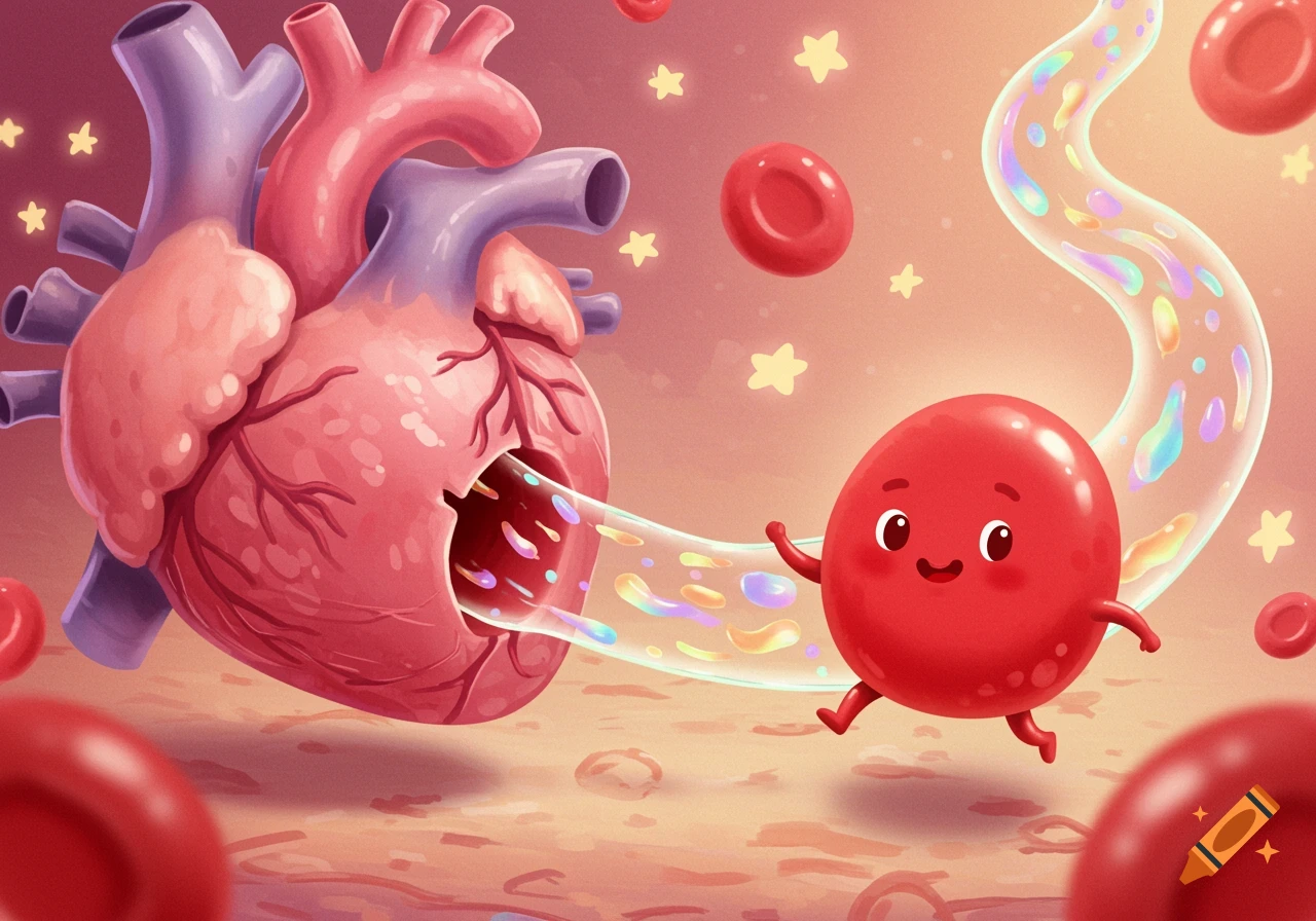 Cartoon illustration of a heart pumping a smiling red blood cell on Craiyon