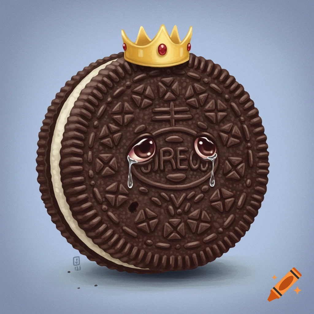 Illustration of a sad Oreo cookie wearing a golden crown and crying on ...