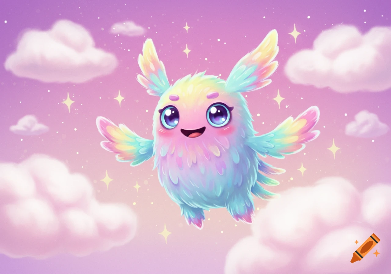 A cute, fluffy rainbow creature flies in a pink and purple sky with ...