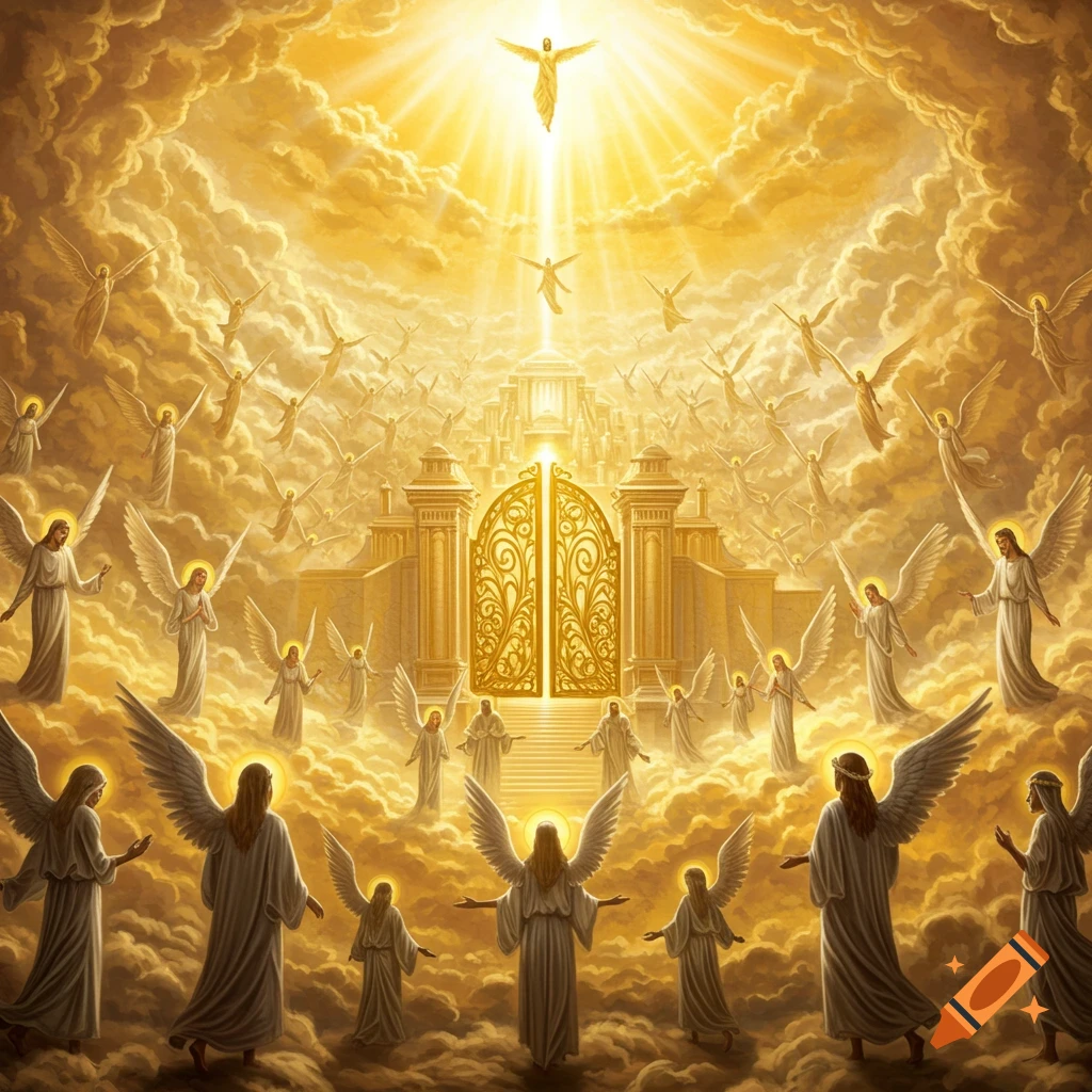 Angels gather in a radiant golden heaven before ornate gates, bathed in ...
