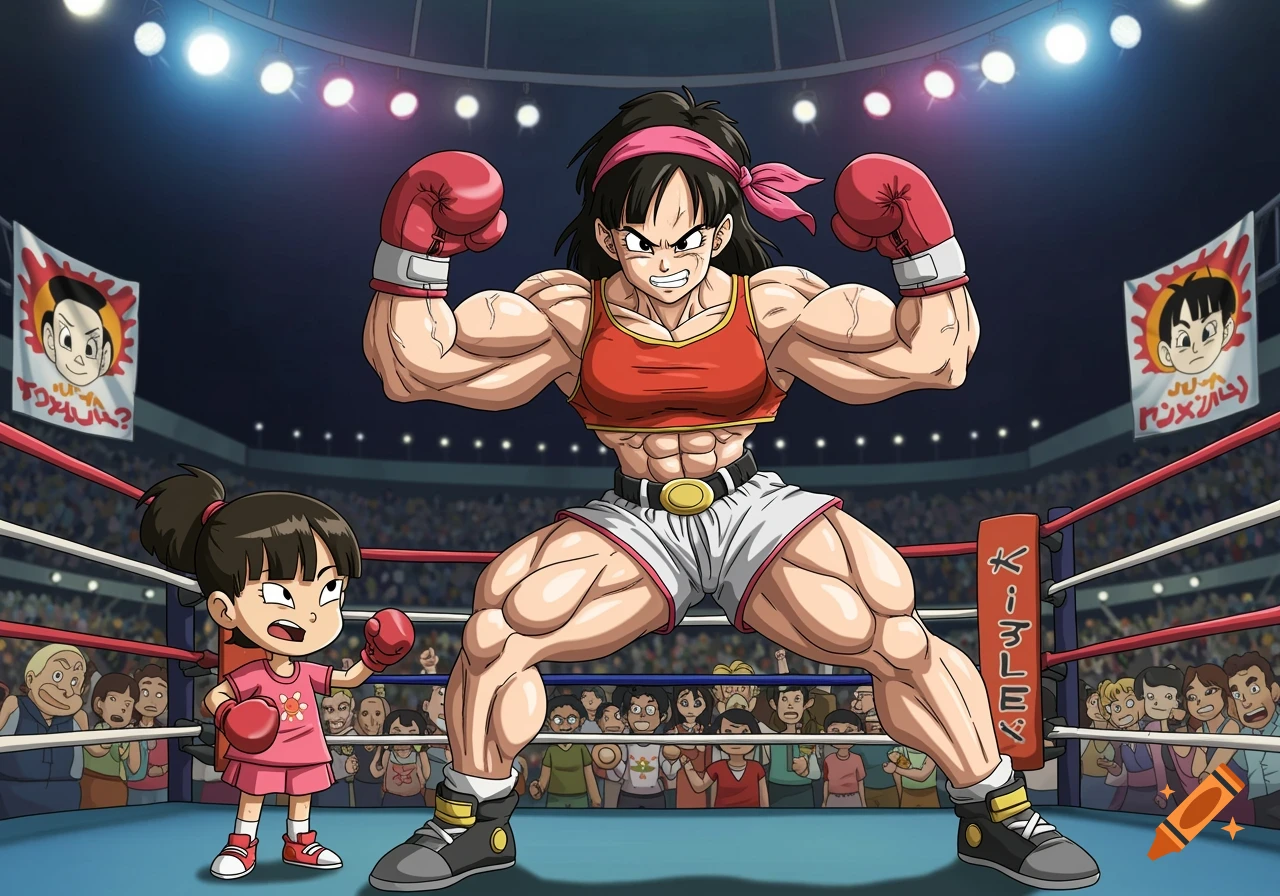Muscular anime woman in boxing gear flexing in a ring, with a child ...