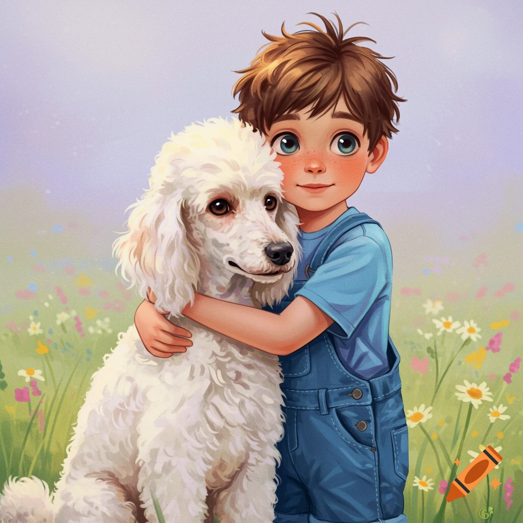 Illustration of a boy hugging a white poodle in a grassy field with ...