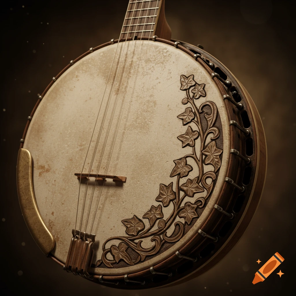 Close-up of a banjo with detailed ivy engraving on the body. on Craiyon