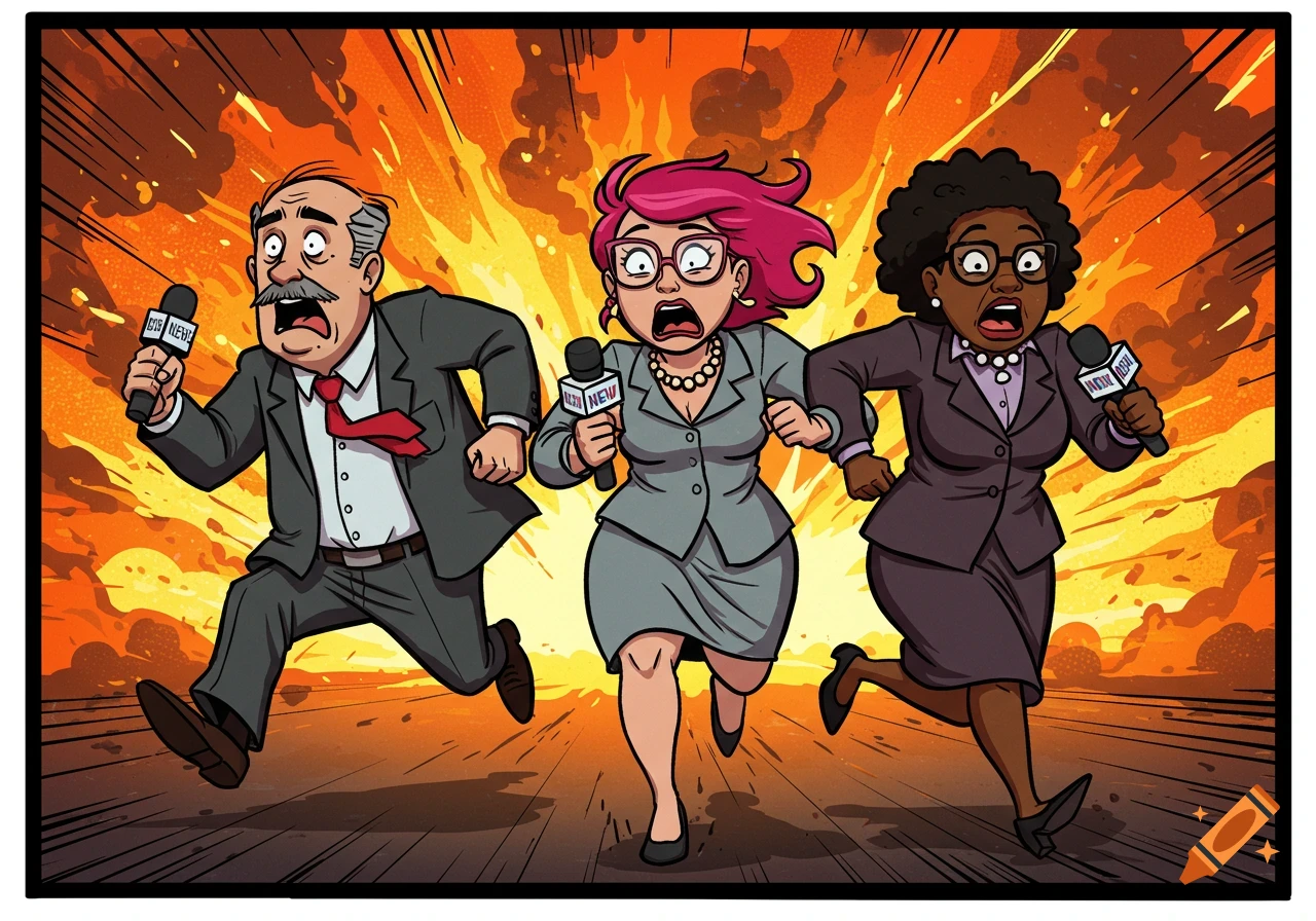 Cartoon of three news reporters running scared from an explosion. on ...