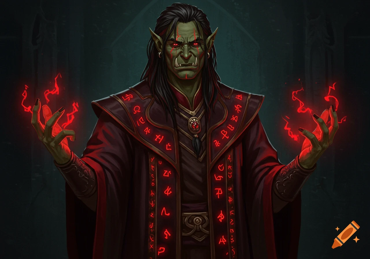 A male orc wizard in a red robe with glowing symbols casts magic. on ...