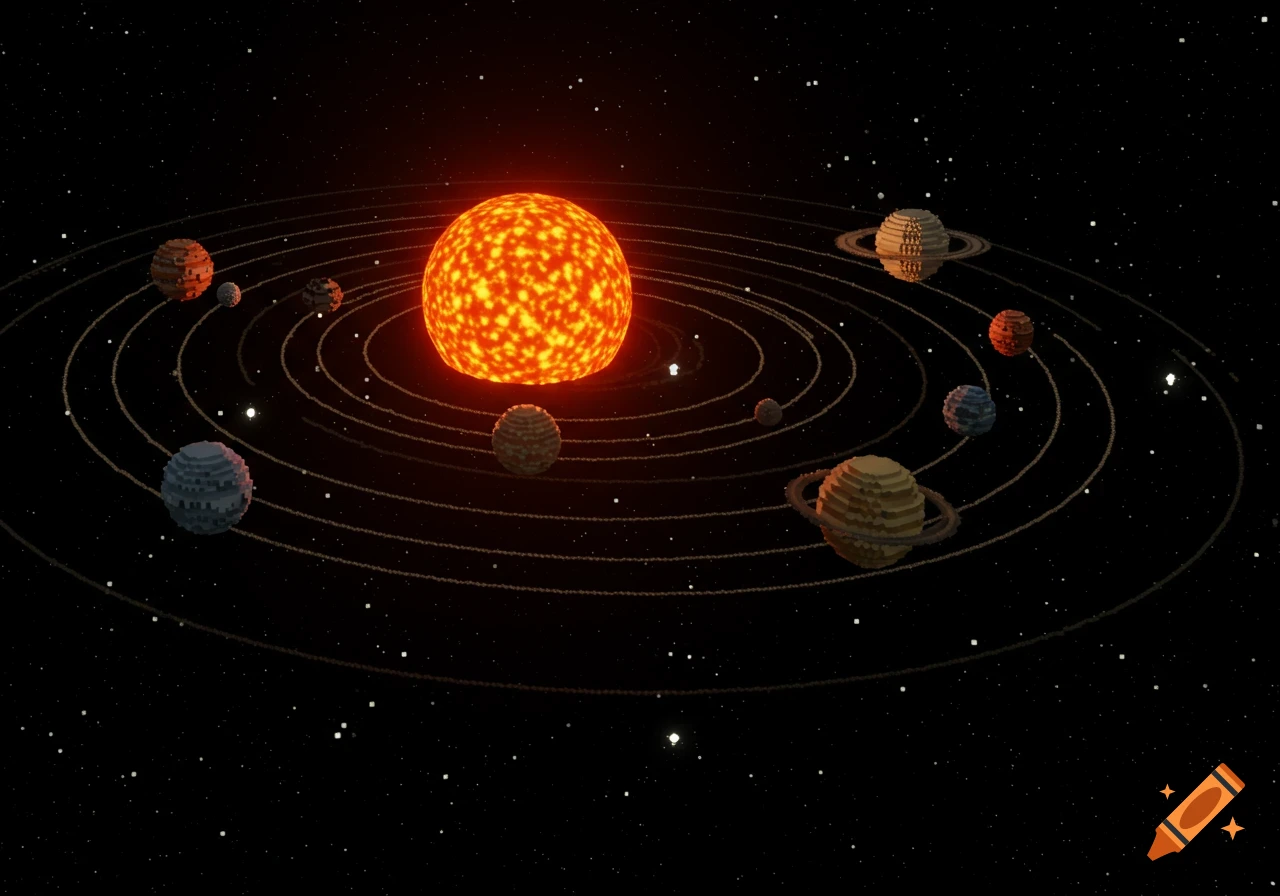 A pixelated rendering of a solar system with the sun and planets ...