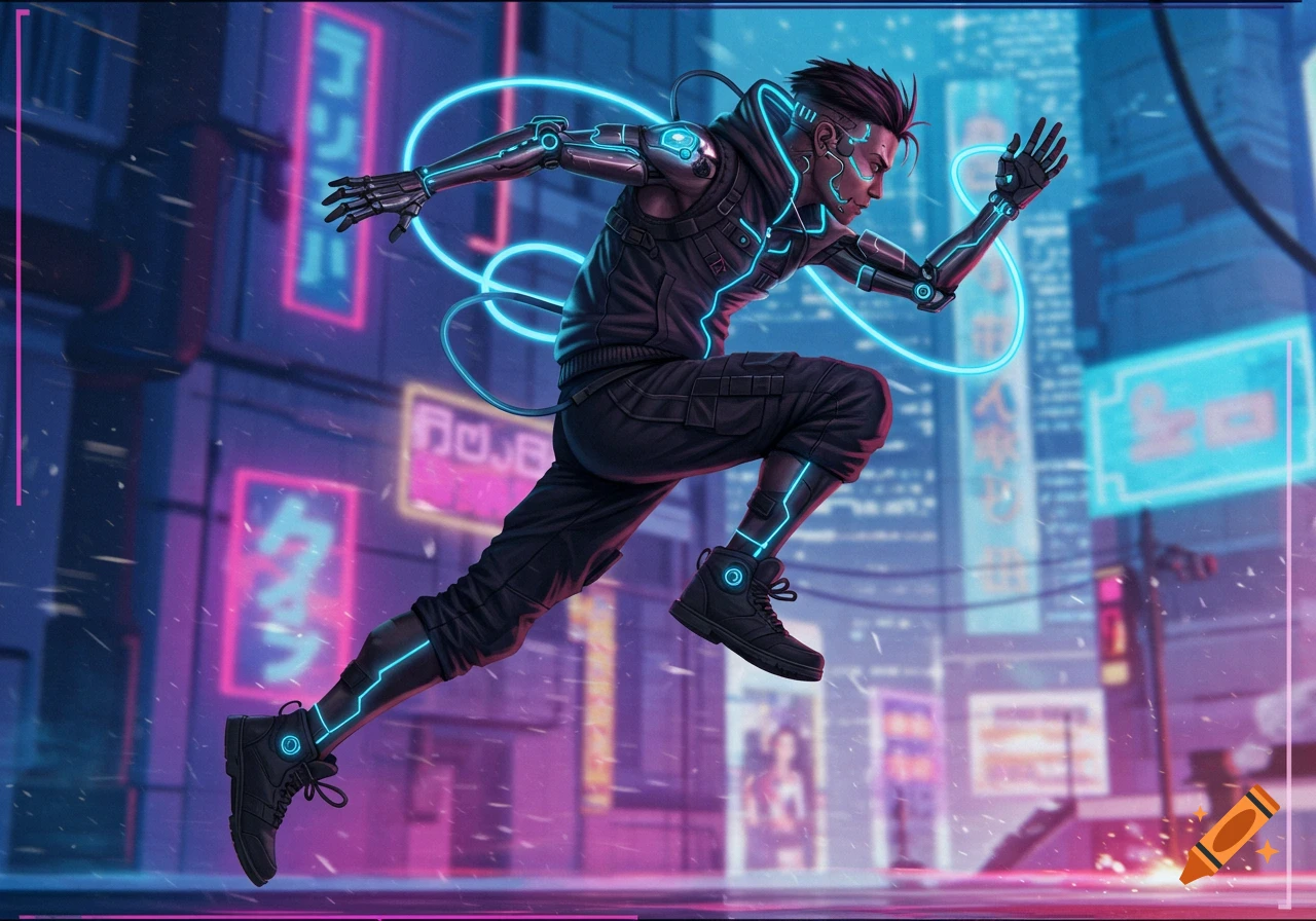 Cyberpunk character with glowing tech running through a futuristic city ...