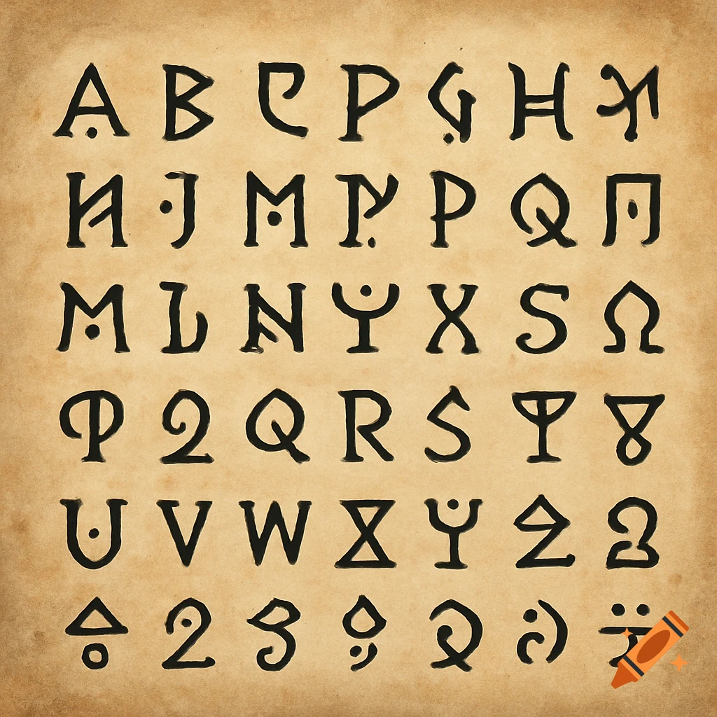 Grid of ancient-looking symbols forming a fictional alphabet on ...