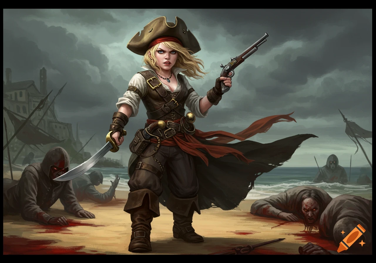 A digital painting of a female pirate with a cutlass and pistol ...