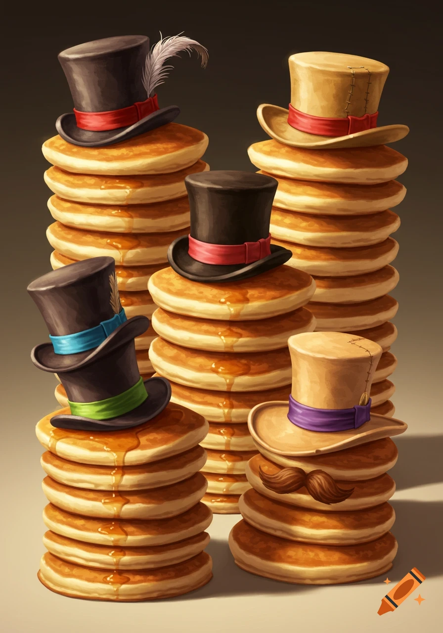 Illustrative stacks of pancakes wearing various fancy top hats on Craiyon