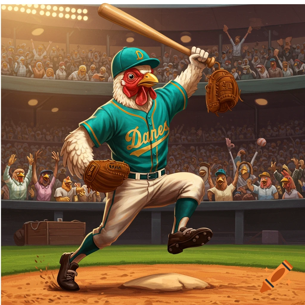 A cartoon chicken in a baseball uniform swings a bat on a field in ...