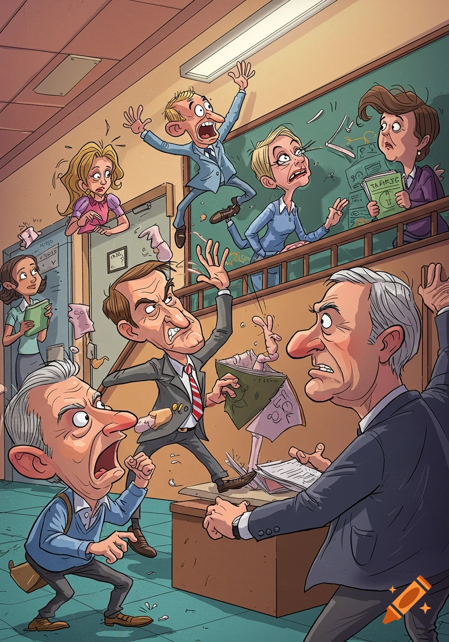 Cartoon of a chaotic scene in a school or office with people shouting ...