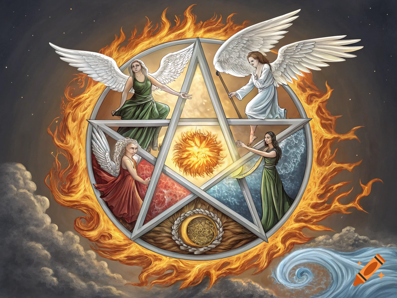 Illustration of four archangels guarding elements within a flaming pentagram. on Craiyon