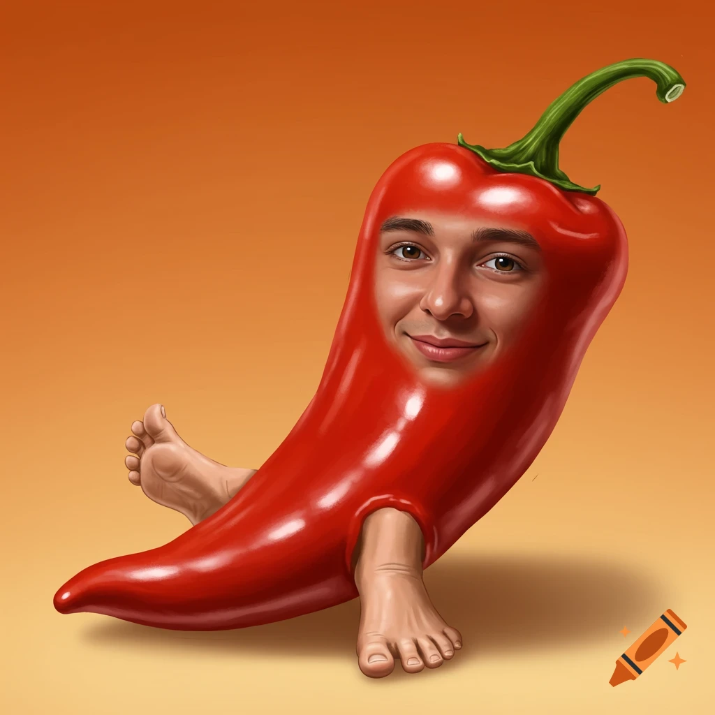 A red chili pepper with a human face and realistic human feet sticking out. on Craiyon
