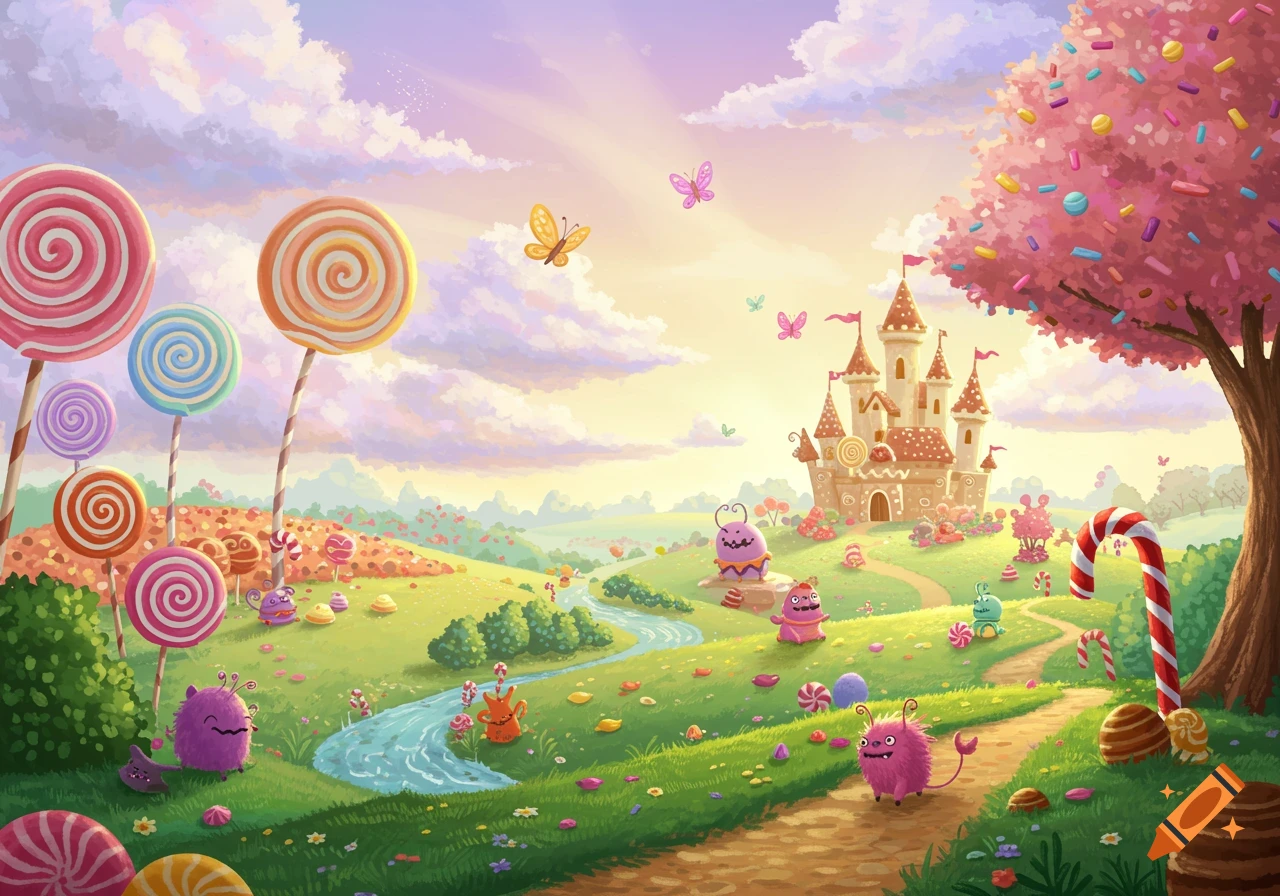 Colorful fantasy landscape with castle, lollipops, river, and cartoon ...