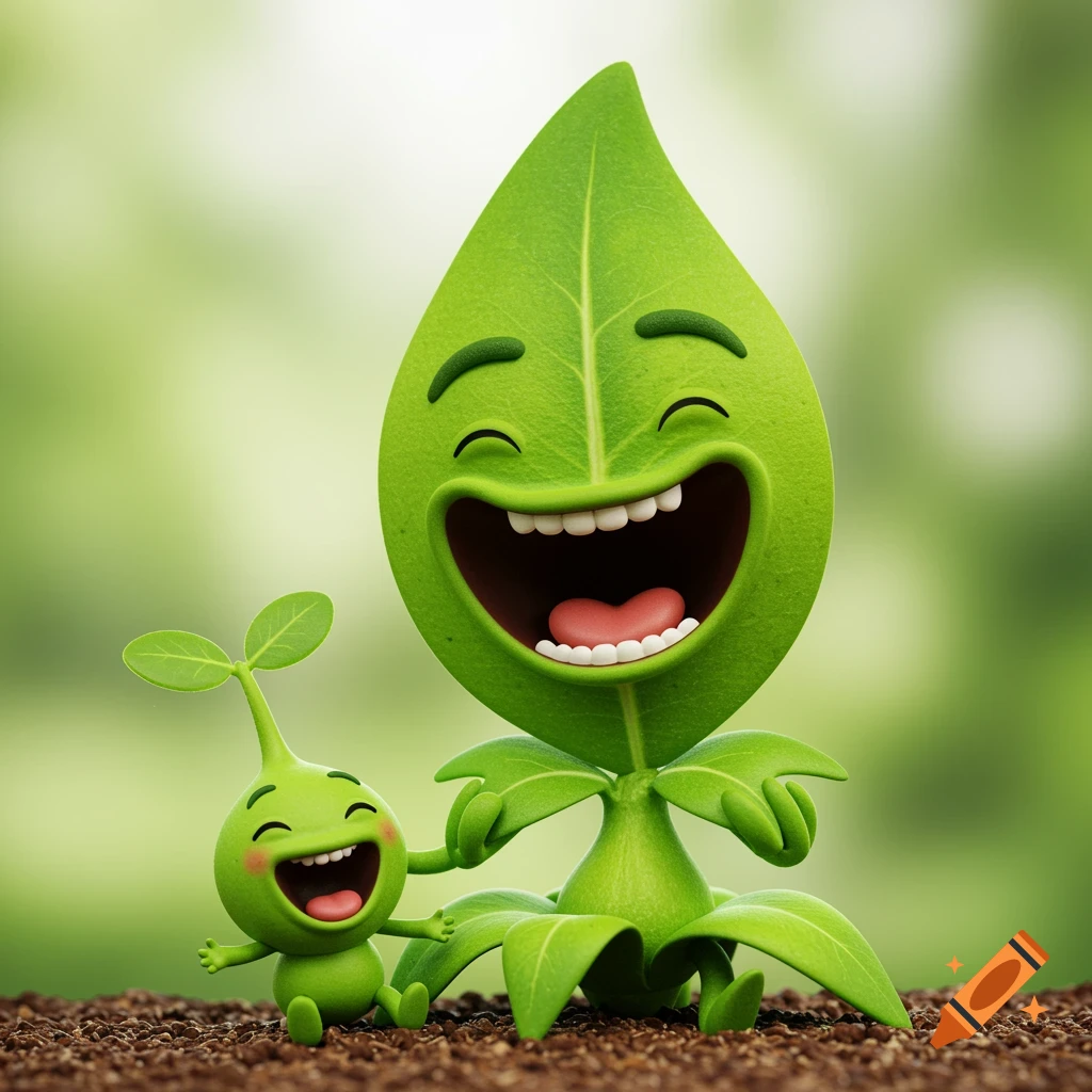Cute 3D render of a large leaf character and small sprout character ...
