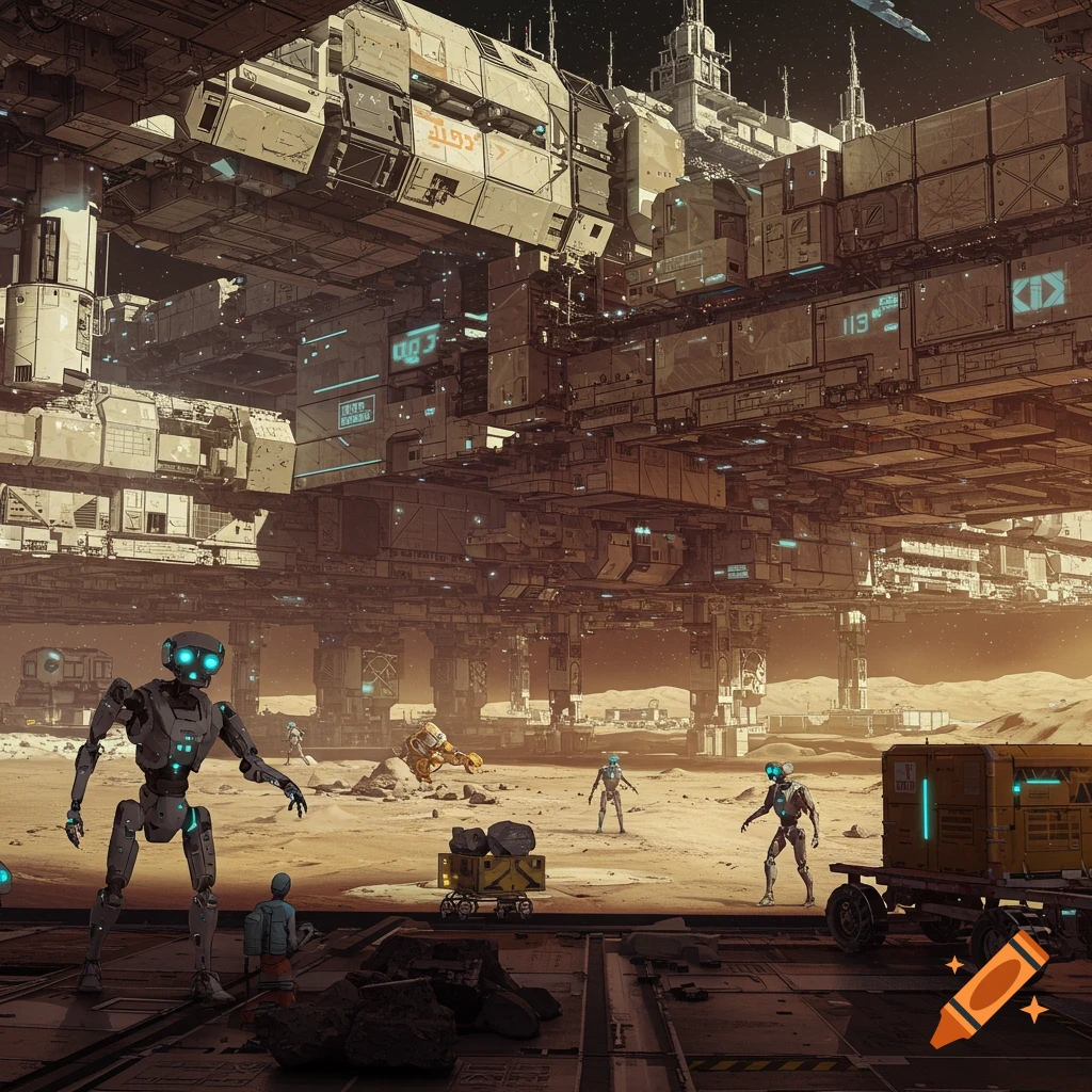Robots work at a futuristic megastructure base on a barren alien planet ...