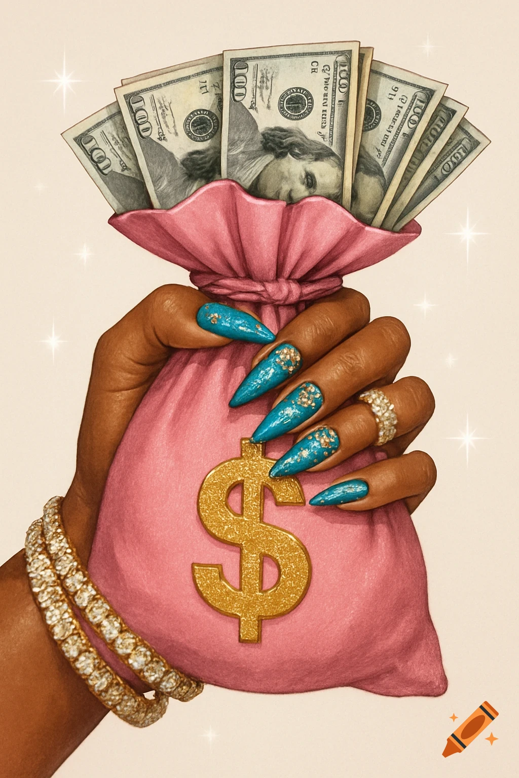 A hand with long teal nails and diamond jewelry holds a pink money bag ...