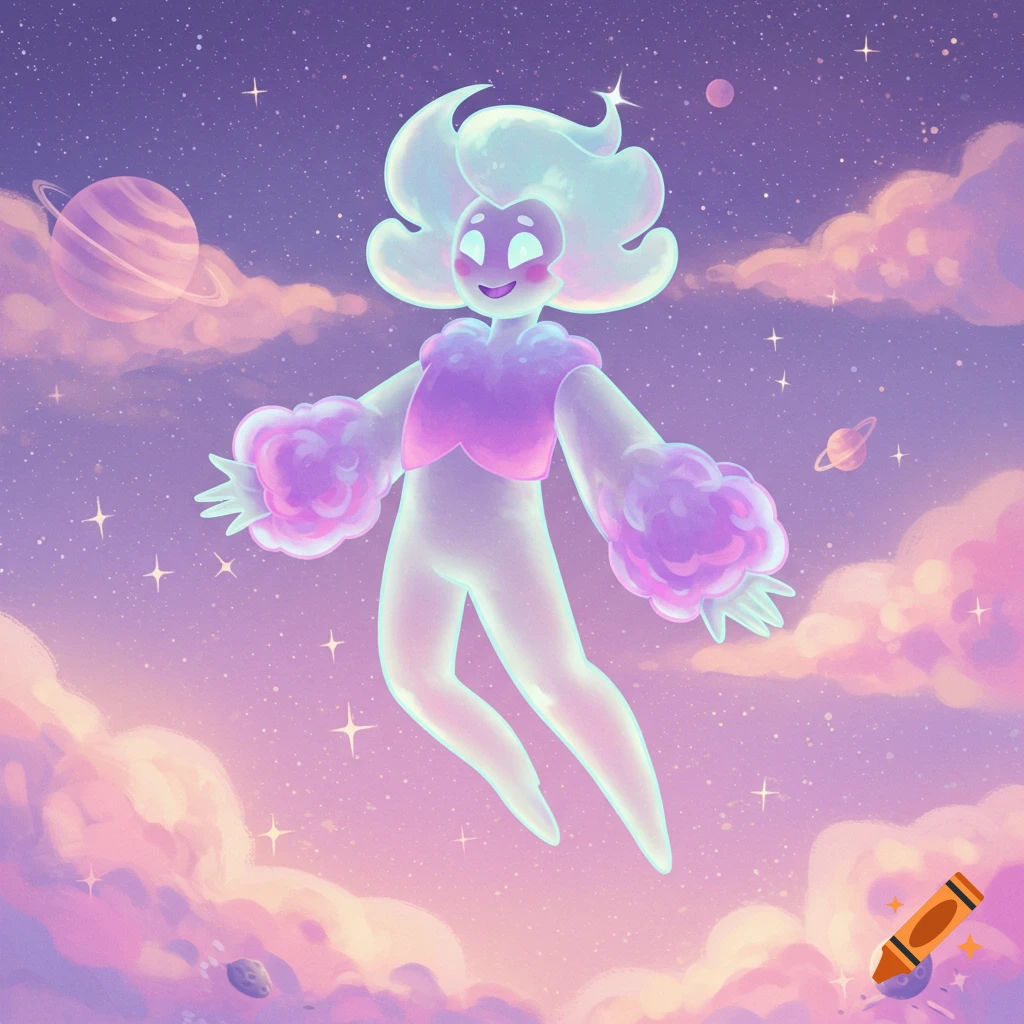 A cute floating creature in a starry space with pink clouds and planets ...