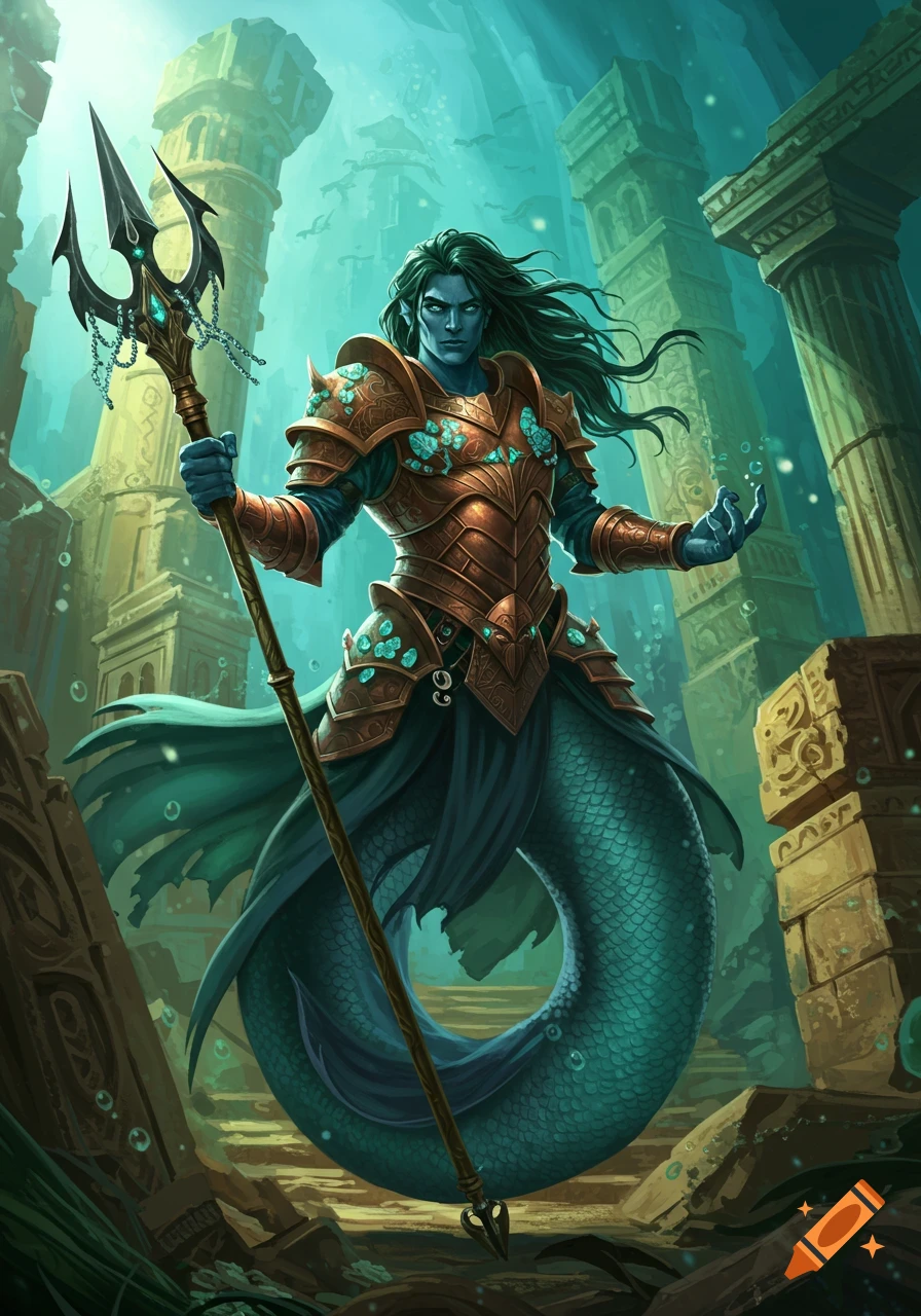 A merman warrior in armor holds a trident in underwater ruins in a ...