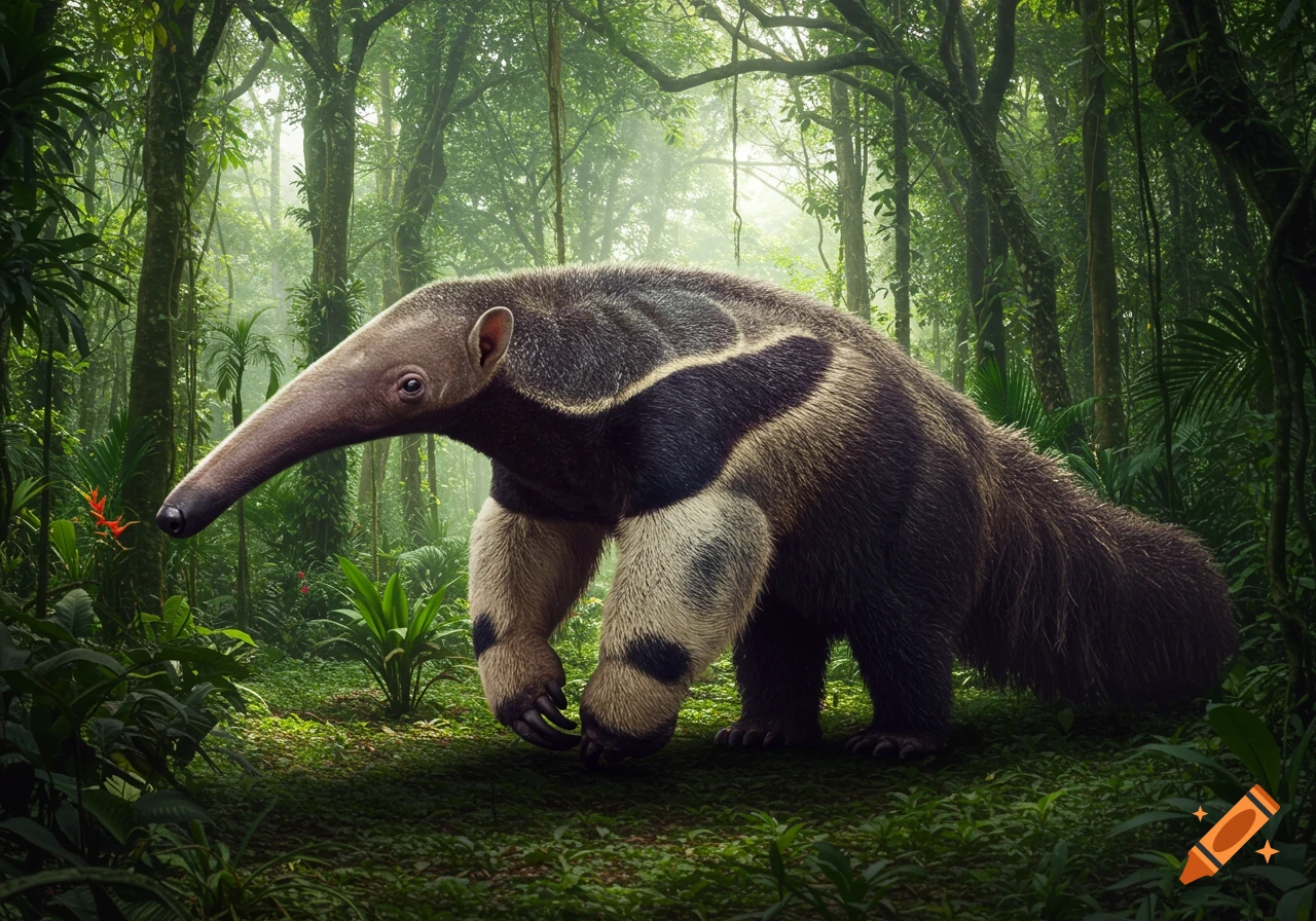 A giant anteater walks through a lush rainforest. on Craiyon